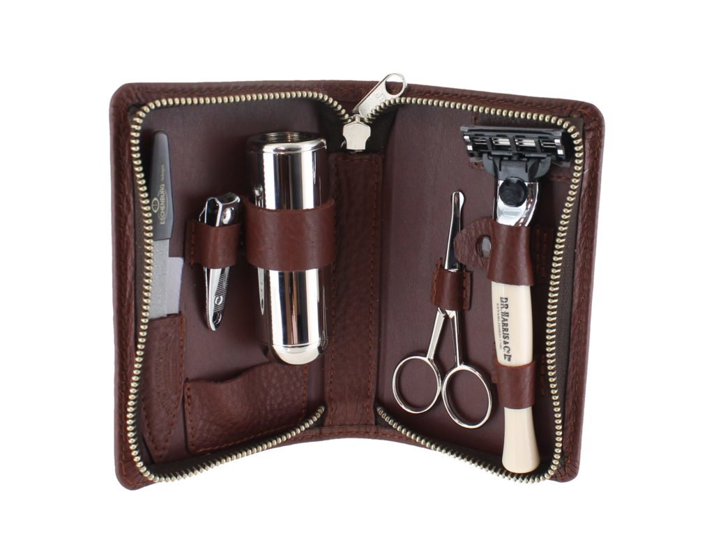 Brown Leather Zip-Up Shaving Set with razor and shave brush D R Harris ...